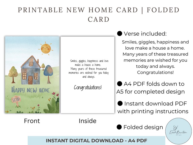 Printable New Home Card | Printable Folded Card | Digital Download ...