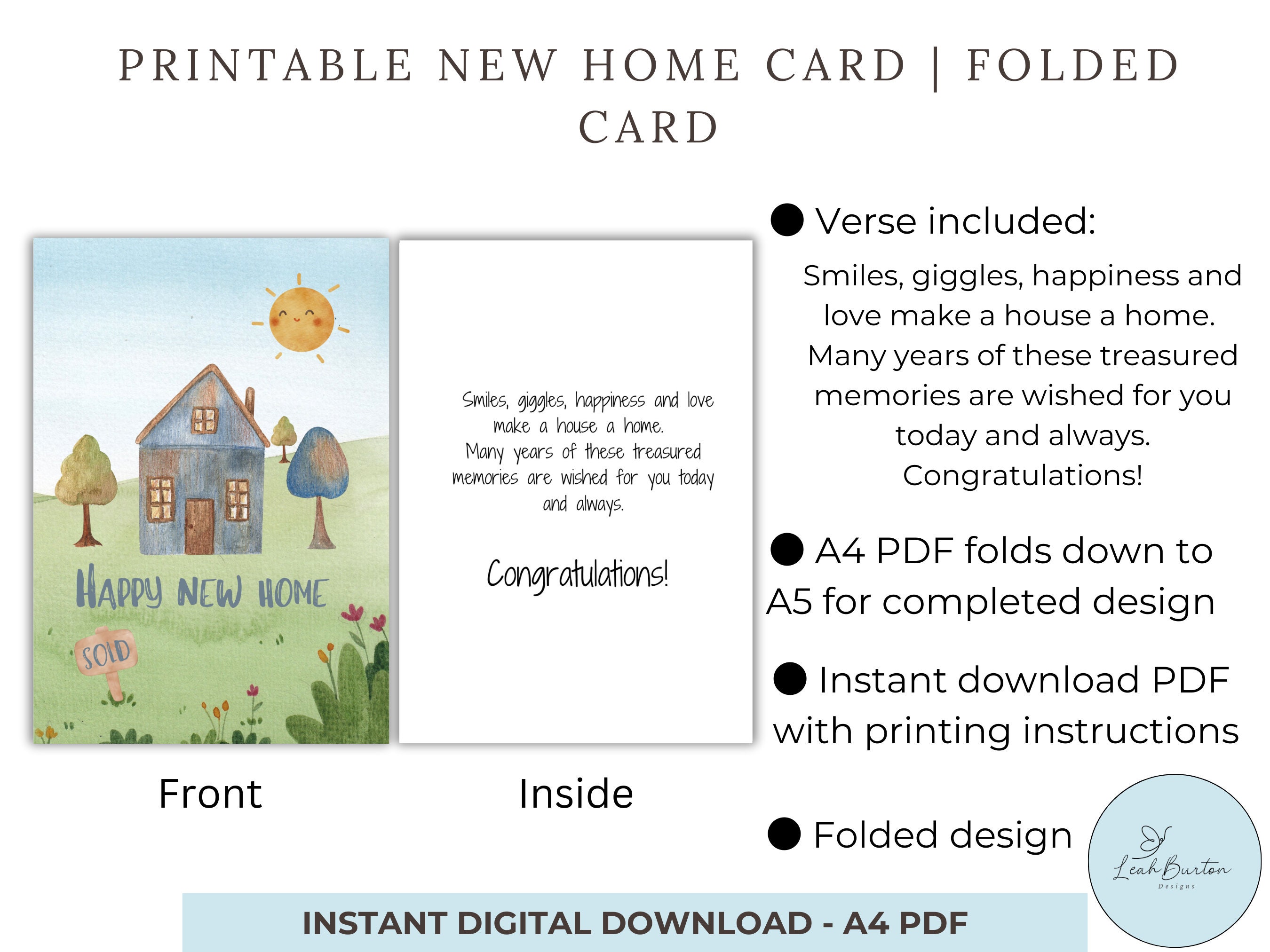 Printable New Home Card Printable Folded Card Digital Download ...