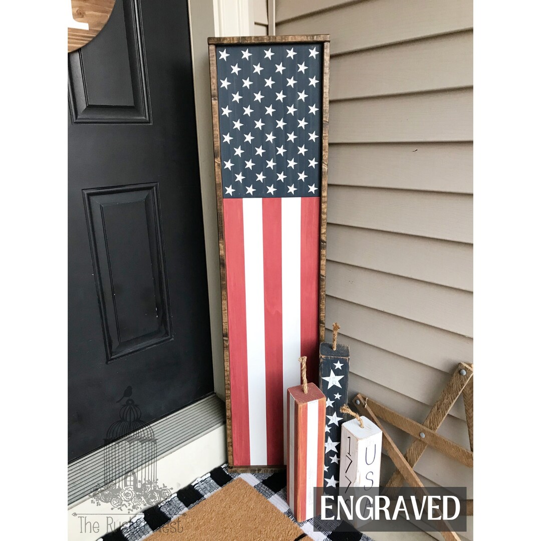 Engraved American Flag Front Porch Sign: Solid Wood Patriotic Decor - Etsy