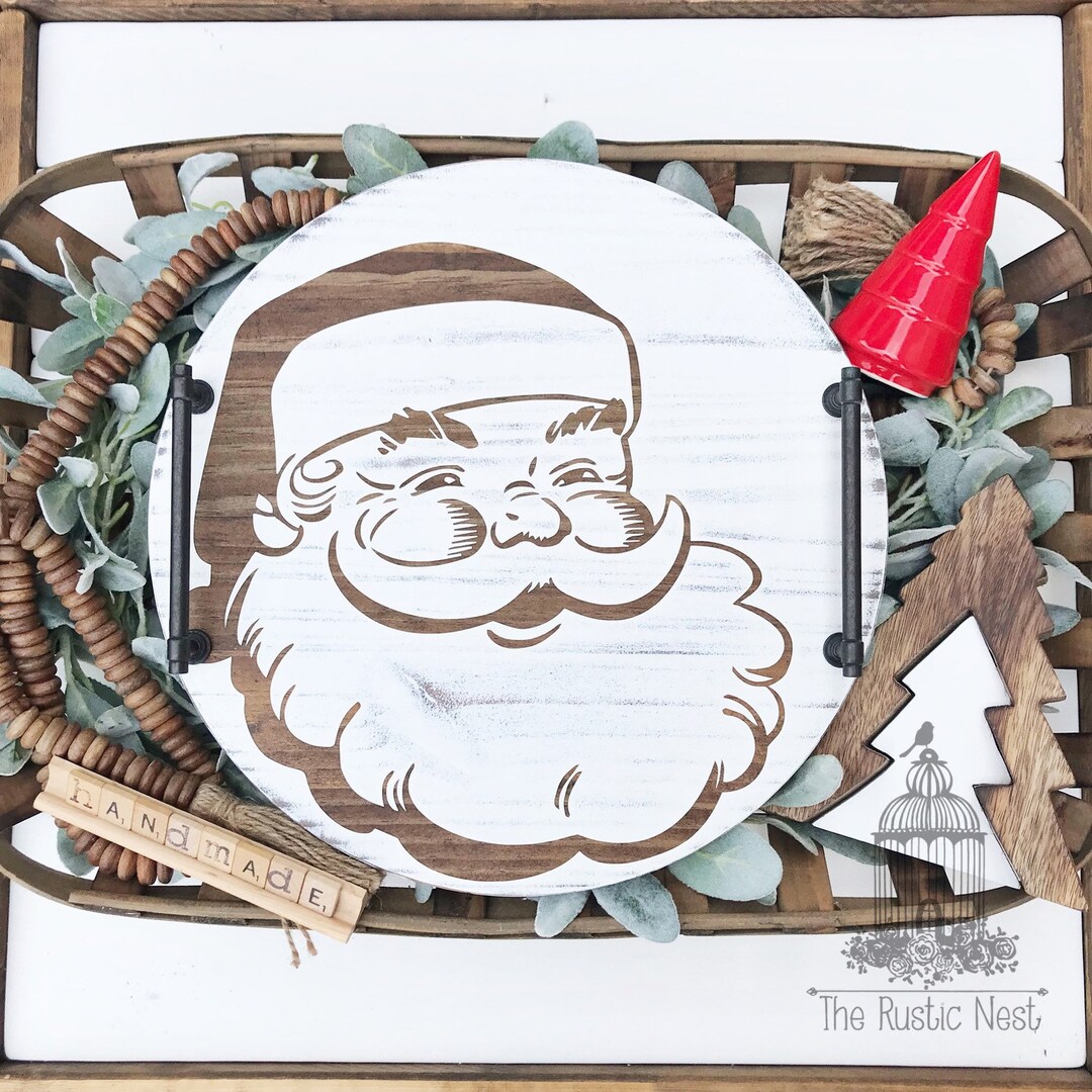Santa Serving Tray | Round Santa Tray | Vintage Santa Tray | Rustic ...
