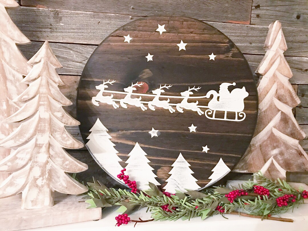 Santas Sleigh Sign Round Christmas Sign Rustic Santas Sleigh Vintage ...