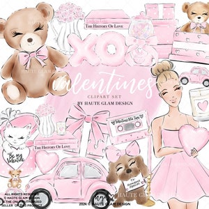 Pink Valentines Clipart Set, Cute Pink Valentines Day Illustrations ...
