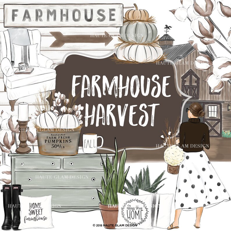 Farmhouse Harvest Clipart Autumn Fall Thanksgiving Farmhouse | Etsy