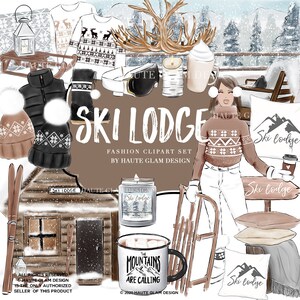 Ski Lodge Clipart Set, Winter Ski Clip Art, Ski Lodge Scene, Mountains ...
