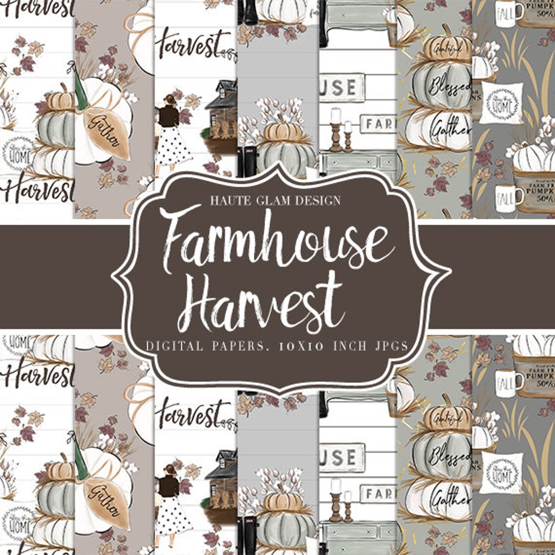 Farmhouse Harvest Digital Paper Set, Fall Season Autumn, Falling Leaves ...