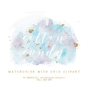 Watercolor Clip Art, Cotton Candy Clipart, Watercolor Splashes, Gold ...