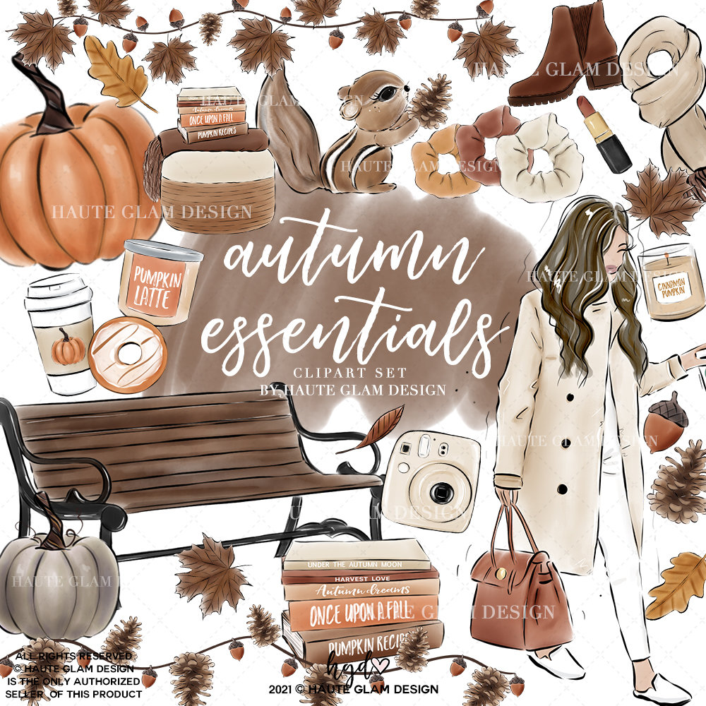 Autumn Essentials Clipart Fall Clipart Fall Fashion Girl - Etsy