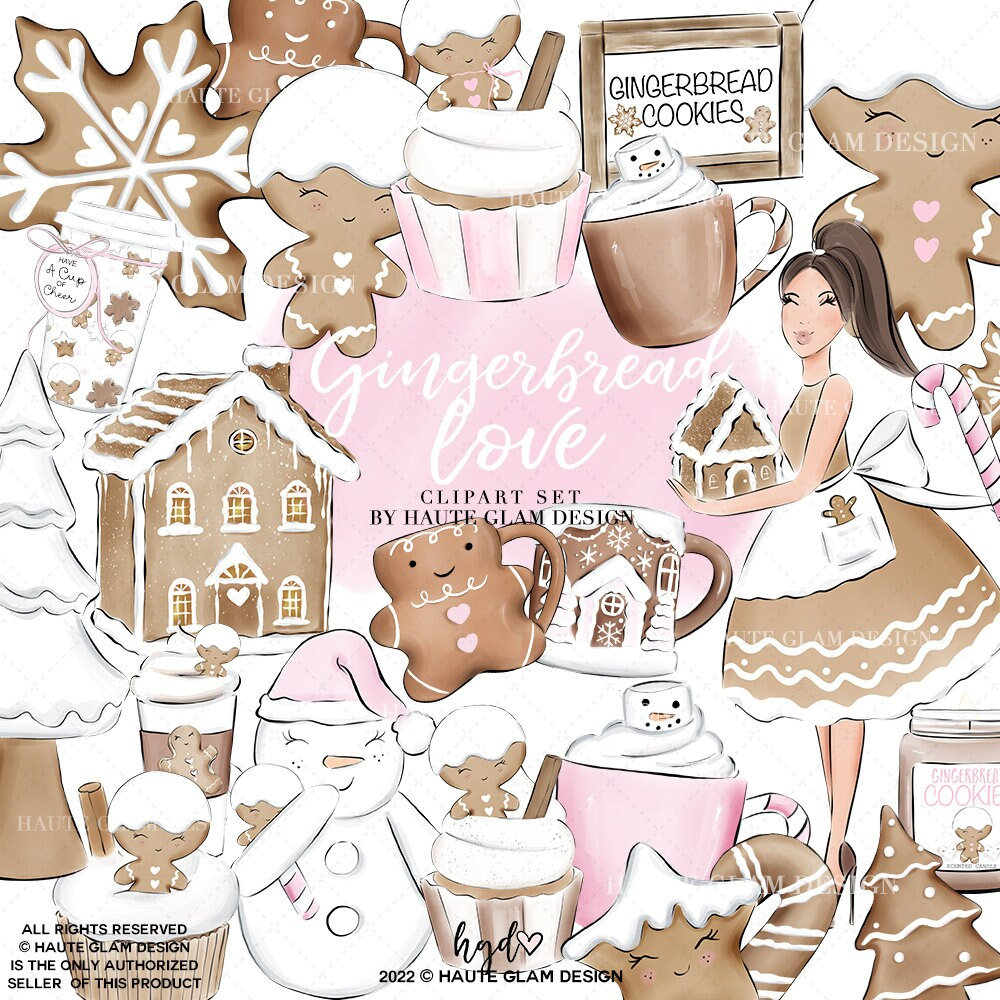 Gingerbread Love Clipart Set Pink Winter Christmas Clipart - Etsy