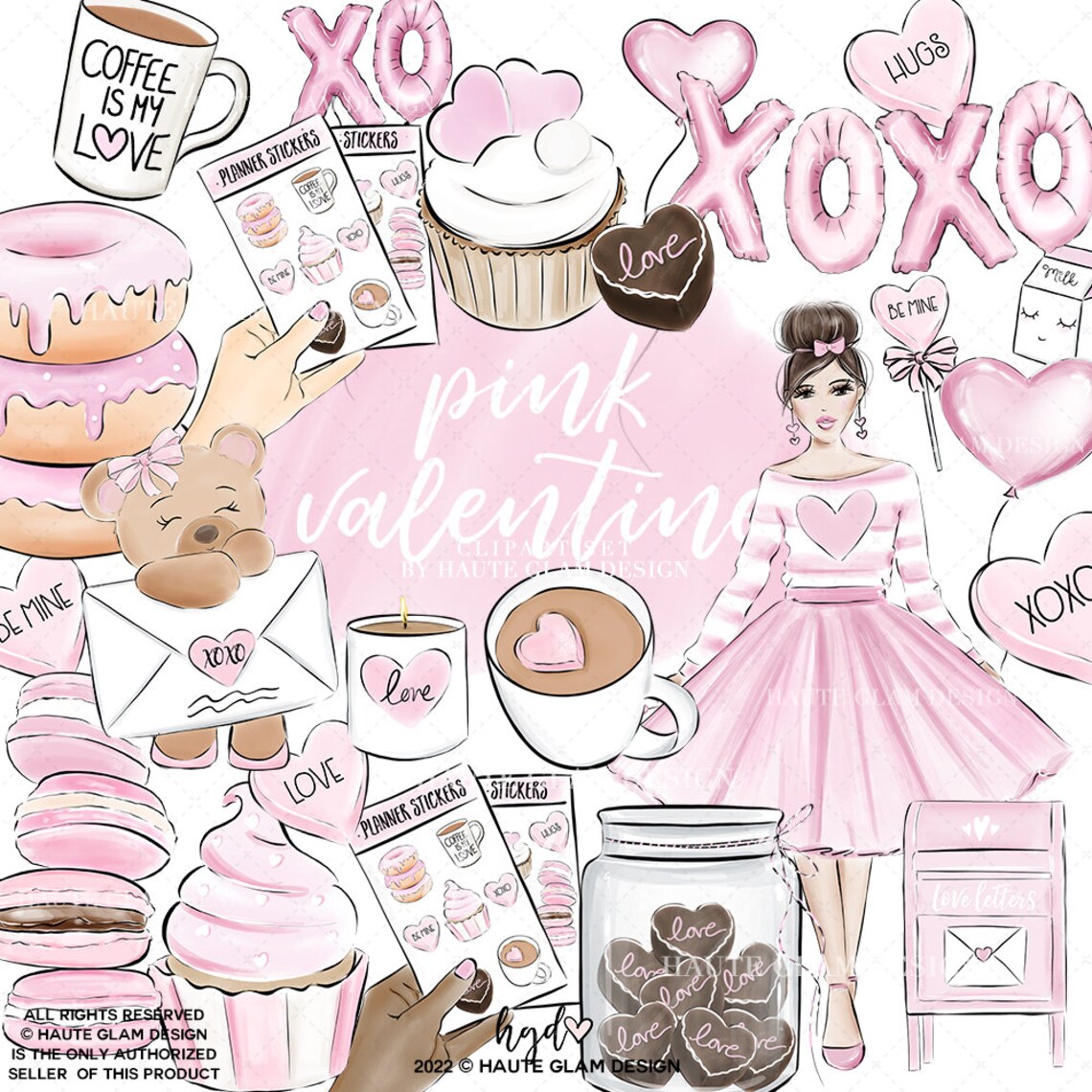 Pink Valentine Clipart Set Valentine Day Clip Art Xoxo | Etsy