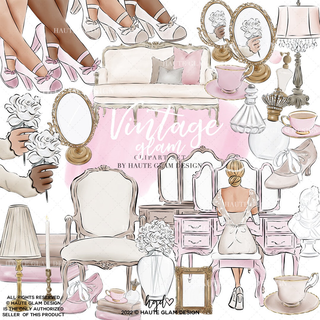 Vintage Glam Clipart Set, Vanity Clipart, Girl at Vanity, Fashion Girl ...