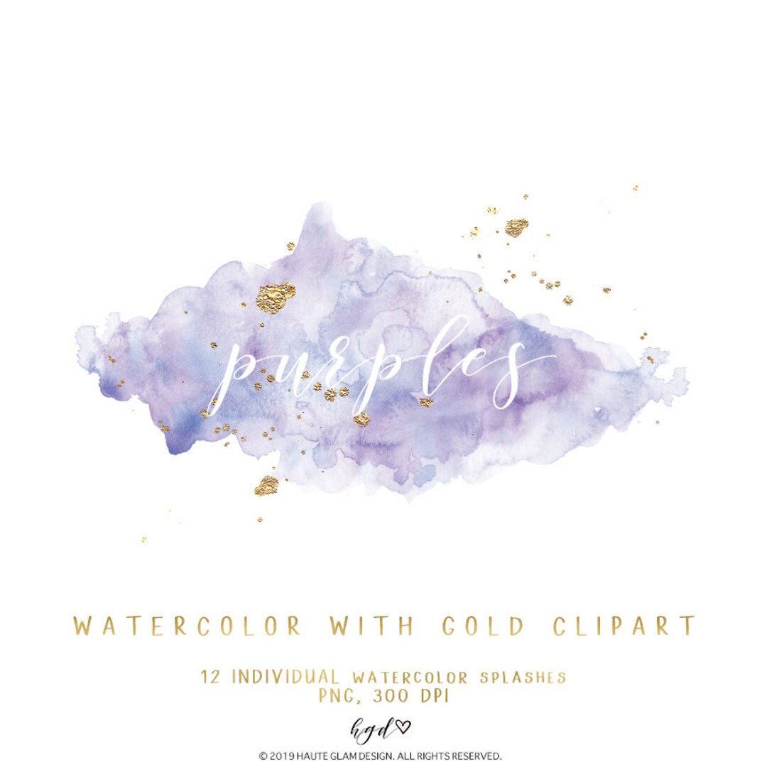 Watercolor Clip Art, Purple Watercolor Splashes With Gold Foil ...