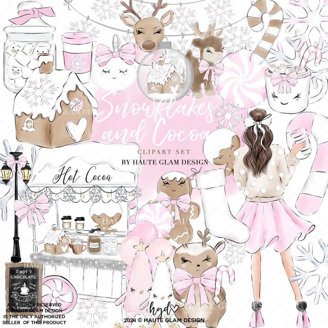 Pink Christmas Clipart Set, Pinkmas, Hot Cocoa Cart, Snowflakes ...
