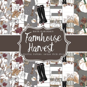 Farmhouse Harvest Digital Paper Set, Fall Season Autumn, Falling Leaves ...