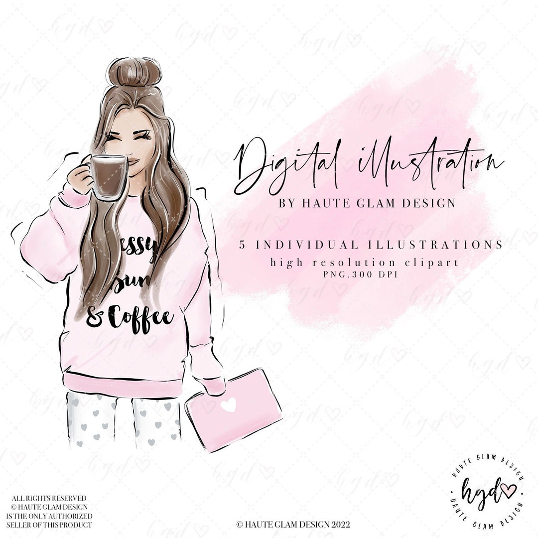 Fashion Illustrated Clipart, Messy Bun Fashion Girl With Coffee, Pink ...