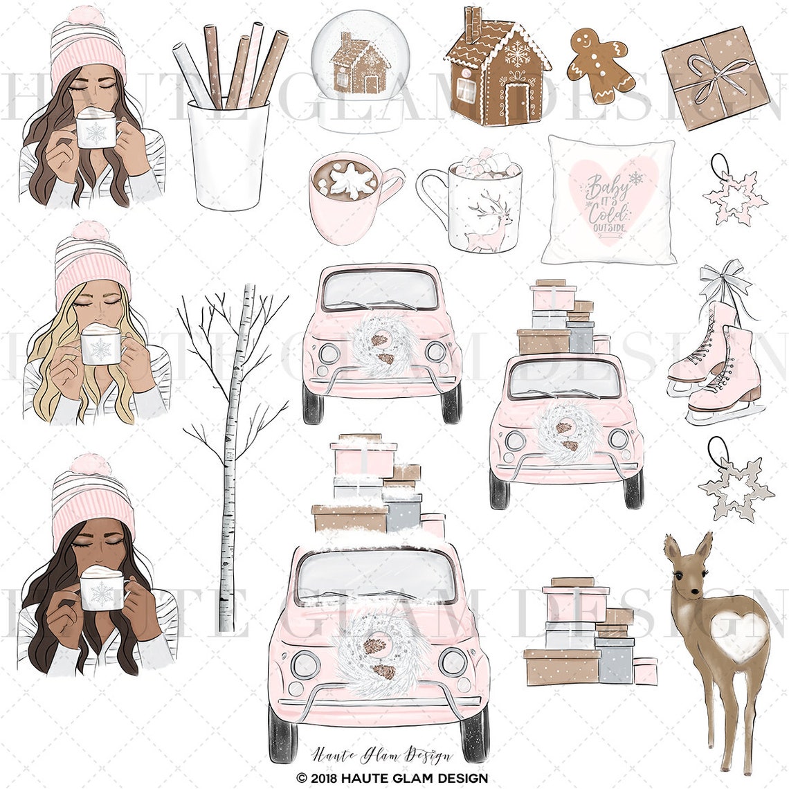 Winter Clipart Set Winter Graphics Illustrations Pink - Etsy