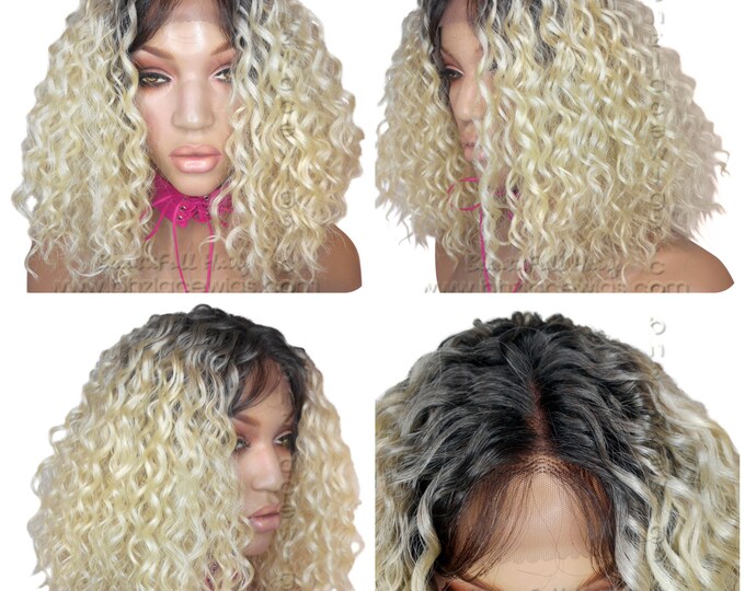 Natalie Curly Lace Front Wig Dark Roots Beach Blonde Wig Wavy Curly ...