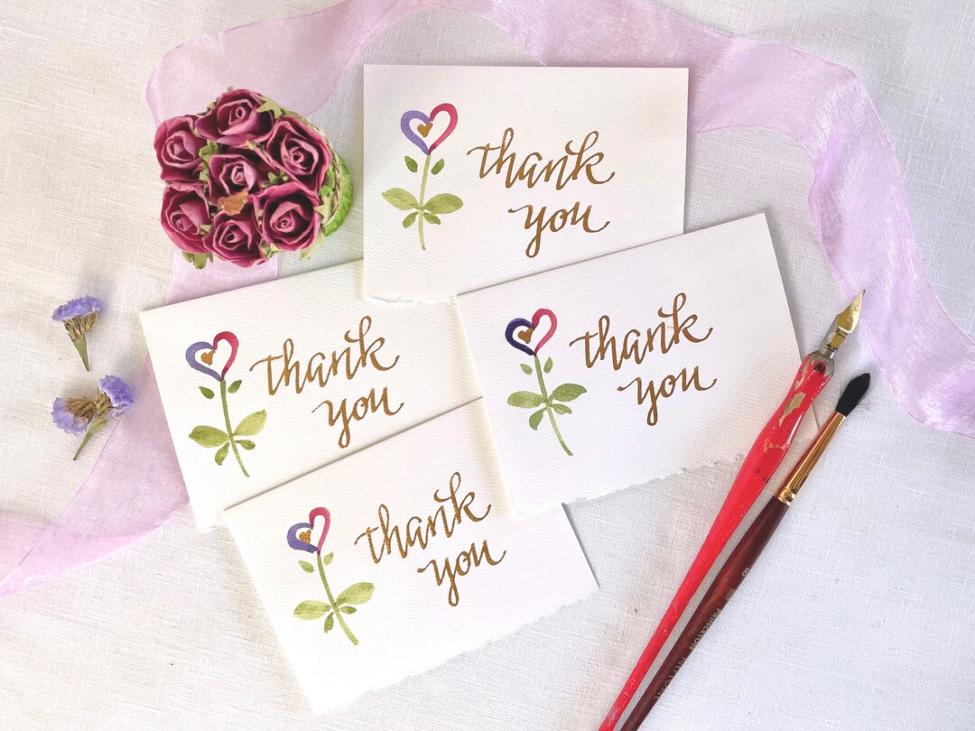 Thank You Notecards , Hand Painted Watercolor Floral Heart Cards, Hand ...