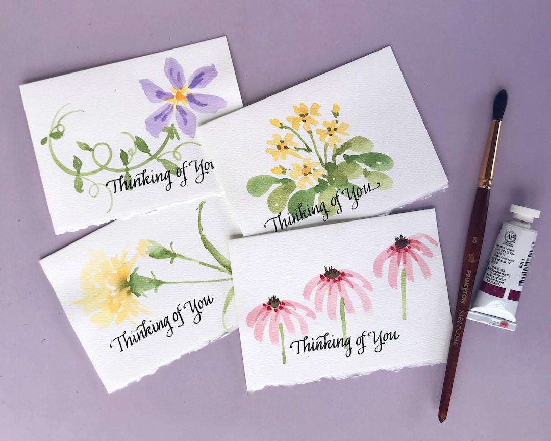 Thinking of You Set of 4 Floral Notecards, Hand Painted Watercolor ...