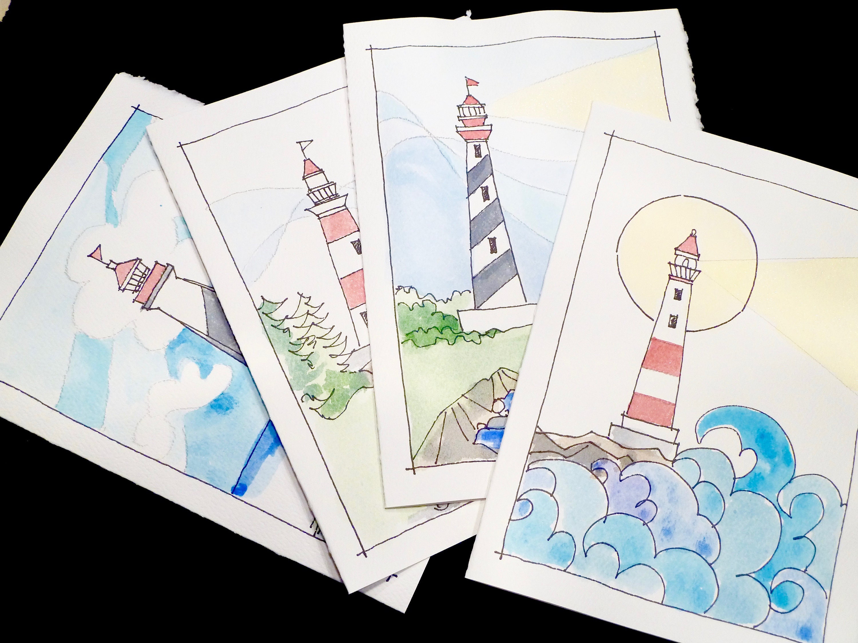 Lighthouse Watercolor Card Hand Painted Nautical Greeting - Etsy