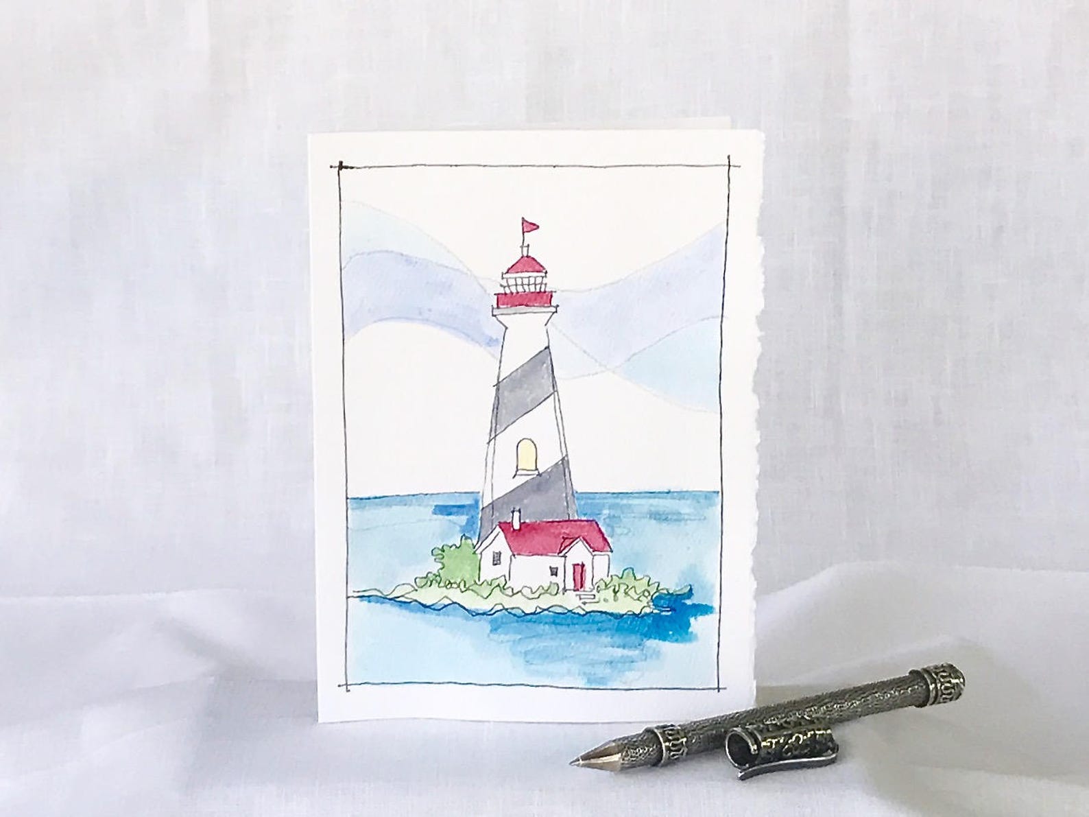 Lighthouse Watercolor Card Hand Painted Nautical Greeting - Etsy