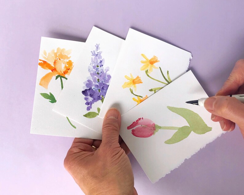 Watercolor Spring Flower Cards, Hand Painted Floral Note Cards, Mother ...