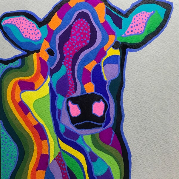 Cow Gouache Painting, Cow Portrait, Cow Painting, Multicolor Cow ...