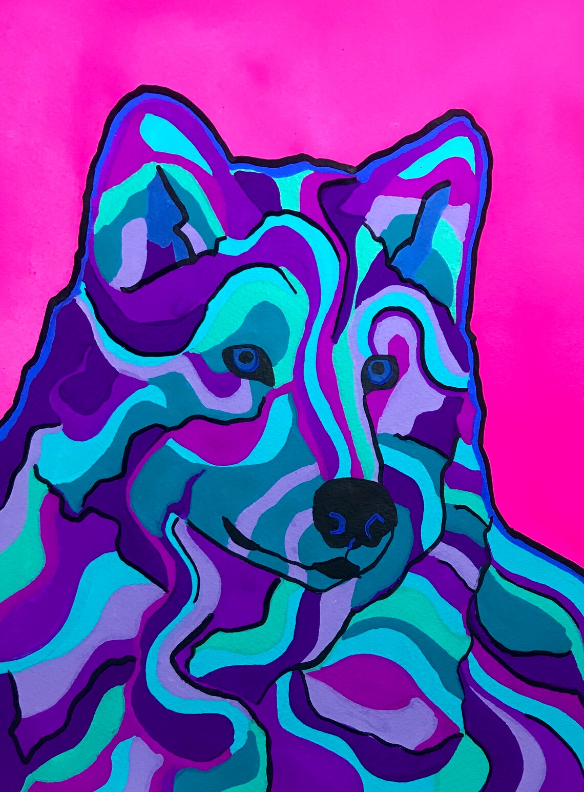 Purple Blue Wolf Gouache Painting, Purple Blue Wolf Portrait, Wolf ...