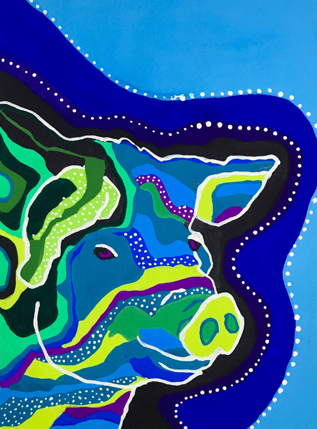 Blue Green Pig Painting Pig Gouache Painting Multicolor Pig - Etsy