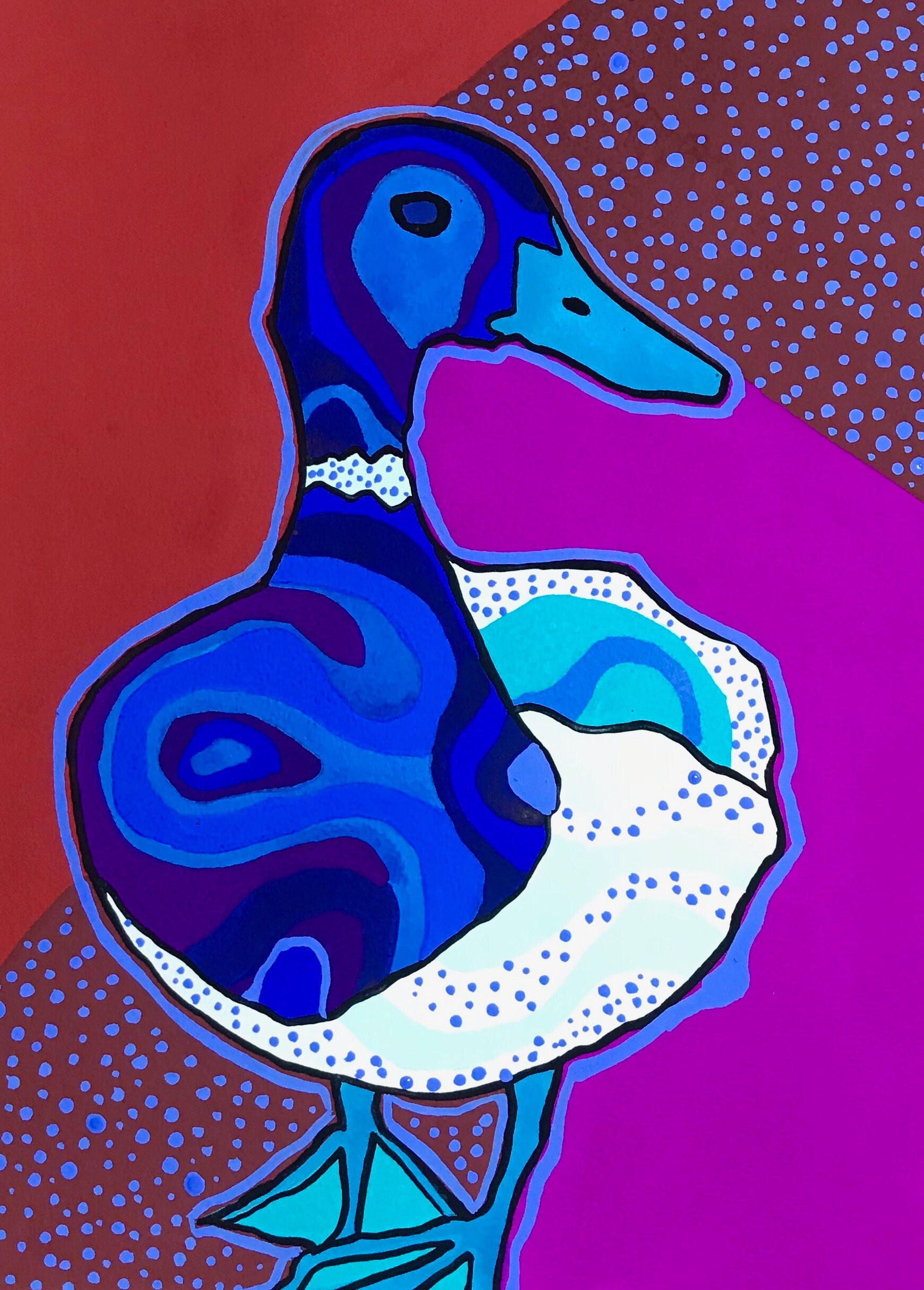 Pintura de Gouache de Pato Azul, Retrato de Pato Azul, Arte de Pared de ...