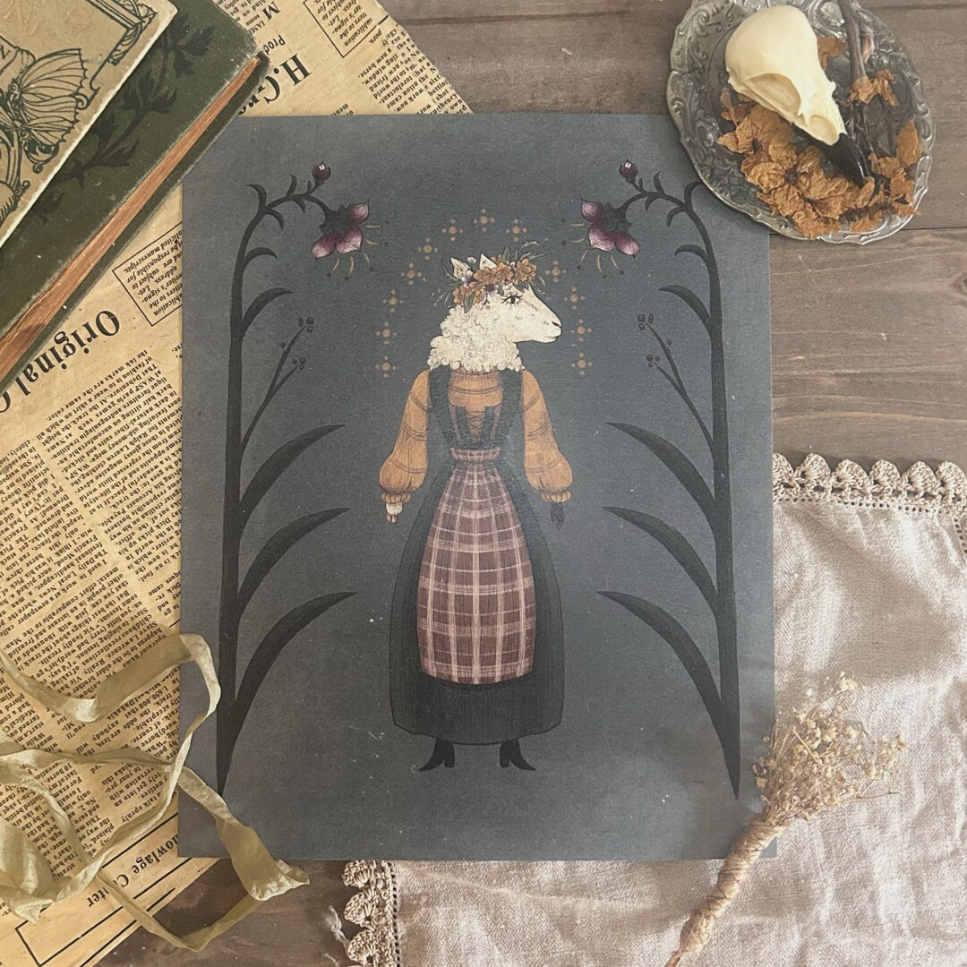 Ada Lamb Woman Folk Portrait Cottagecore Print - Etsy