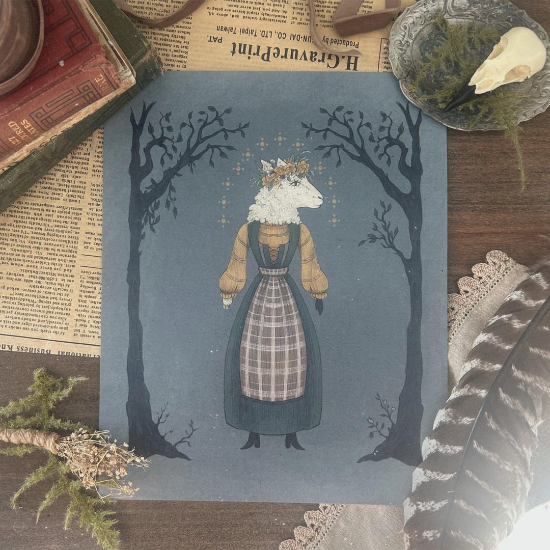 Ada Lamb Woman Folk Portrait Cottagecore Print - Etsy