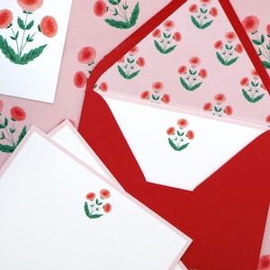 Personalized Notecards | Pink & Red Poppy Print | A2 4.25 X 5.5 | Euro ...