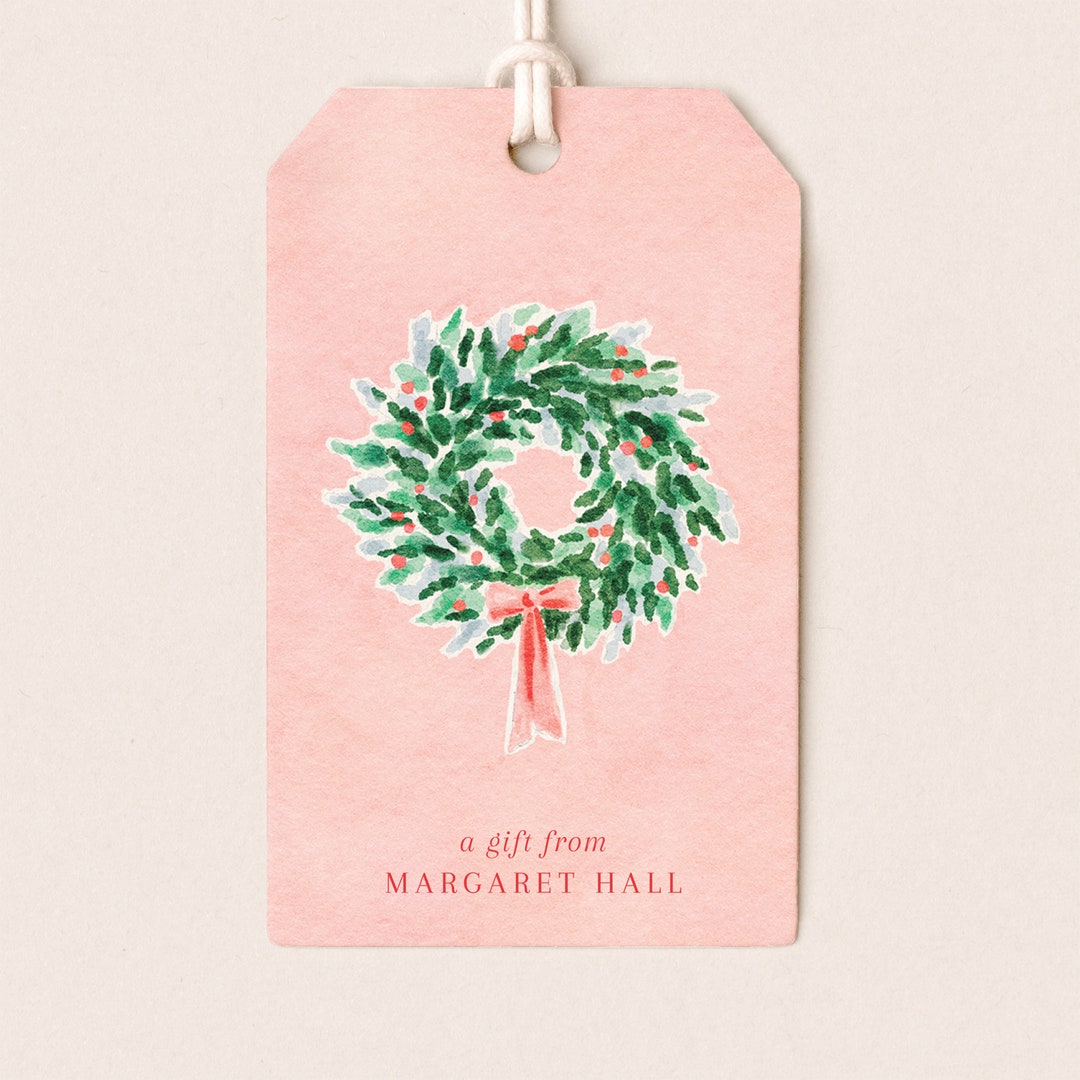 Personalized Holiday Gift Tags | Pink Christmas Wreath | Illustrated ...