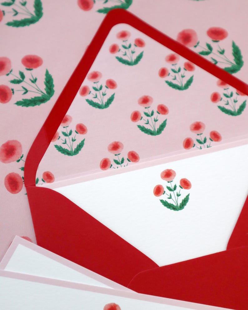 Personalized Notecards | Pink & Red Poppy Print | A2 4.25 X 5.5 | Euro ...