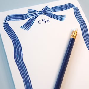 Personalized Notepad | Watercolor Striped Ribbon Bow | Decorative Border | Sapphire Blue | 5.5 X ...