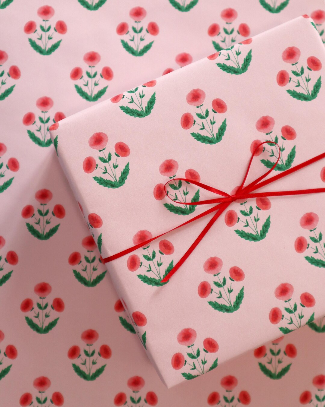 Gift Wrap Roll | Wrapping Paper | Pink Poppy Print | Block Print Style ...