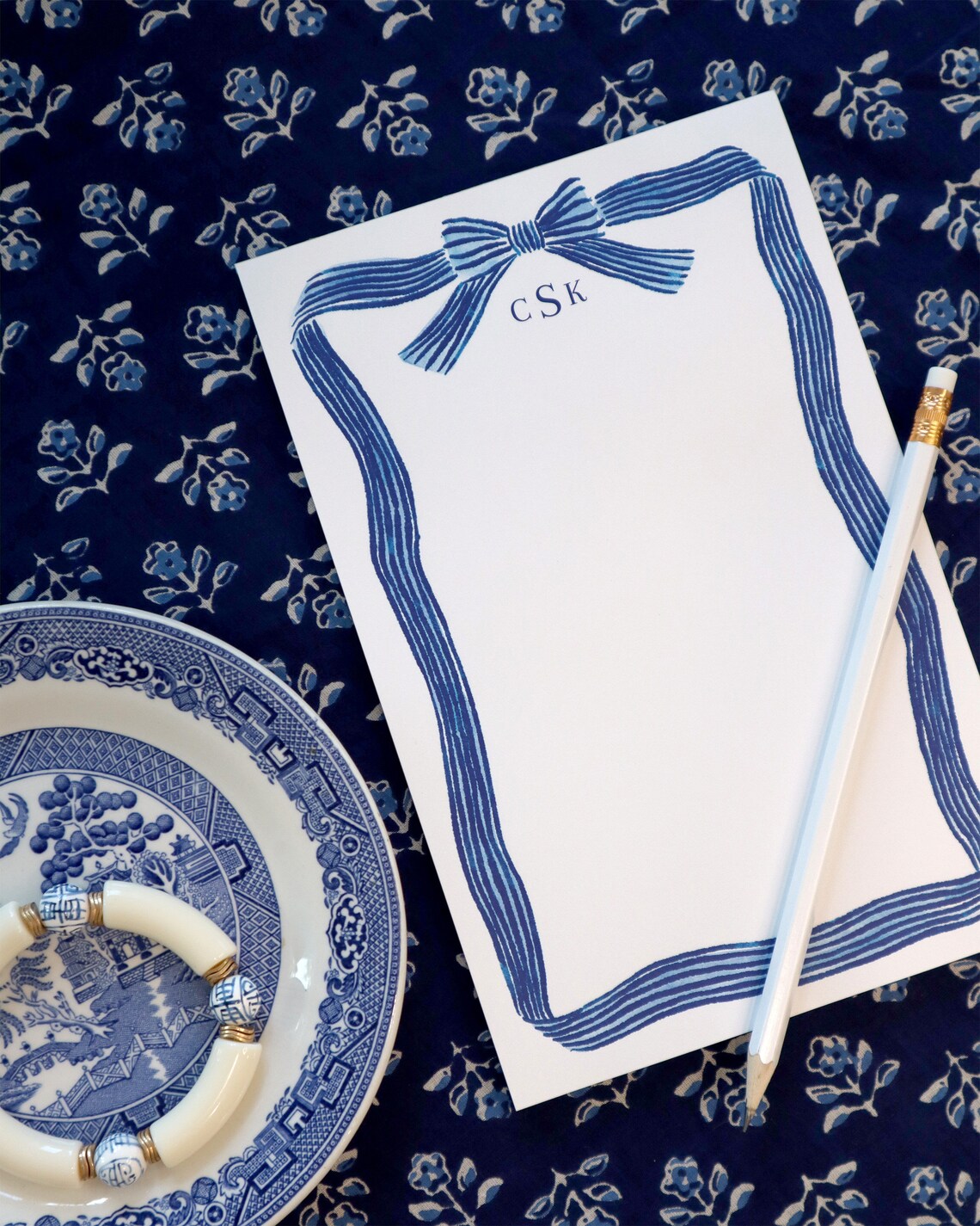 Personalized Notepad Watercolor Striped Ribbon Bow Decorative Border Sapphire Blue 5.5 X 8.5 50 ...