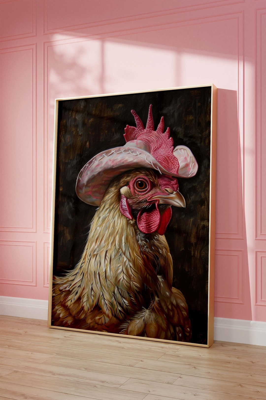 Chicken in Pink Cowboy Hat Art Print - Digital Printable Trendy Art ...