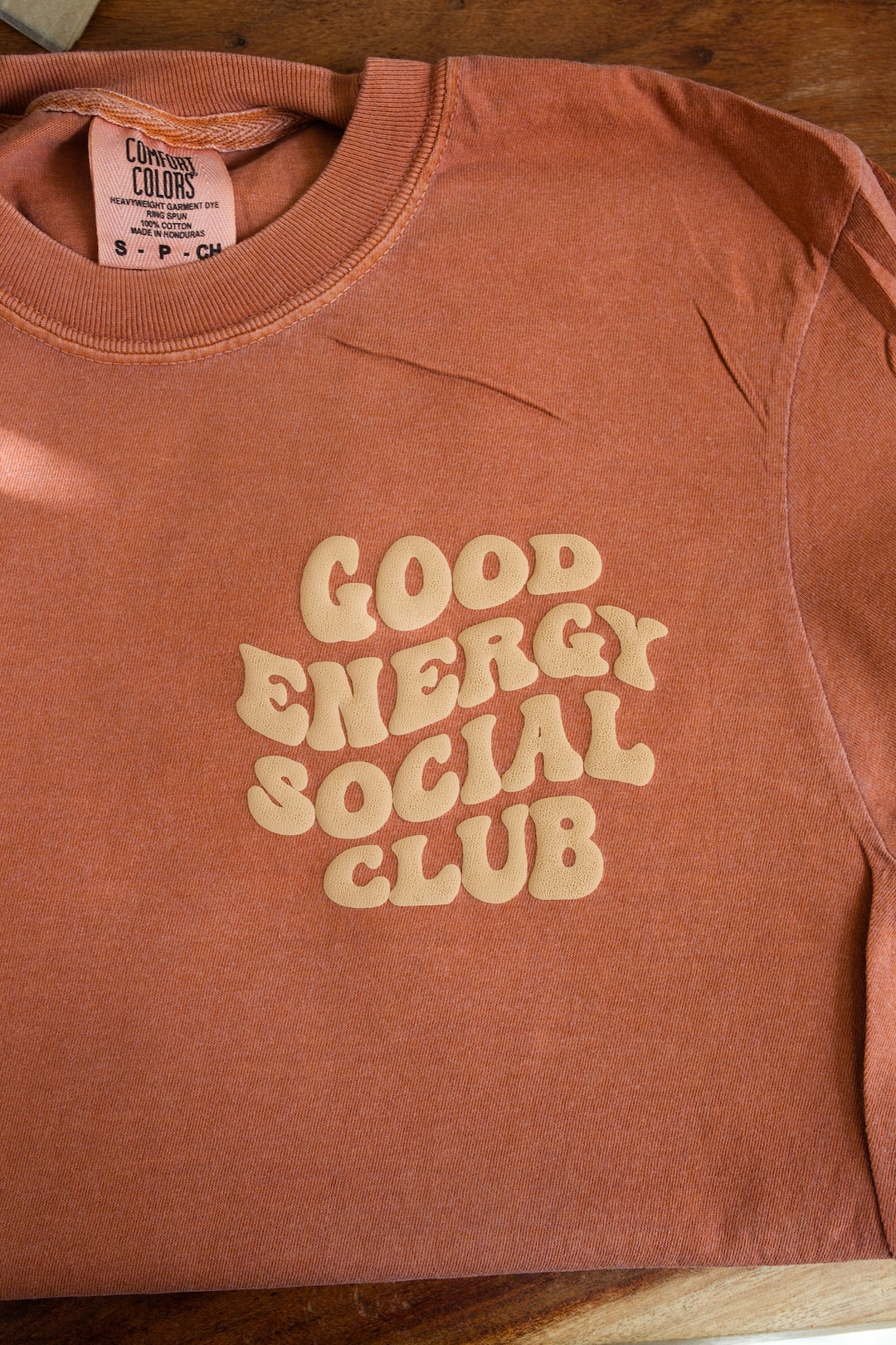 Good Energy Social Club T Shirt Burnt Orange Embossed Puff Letters ...