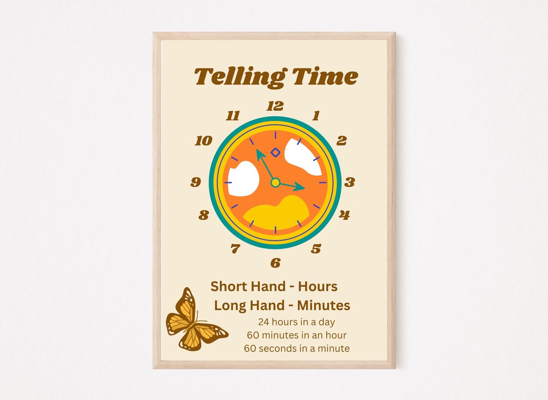 Telling Time Clock Toddler Pre-school Child Educational Learning Poster ...