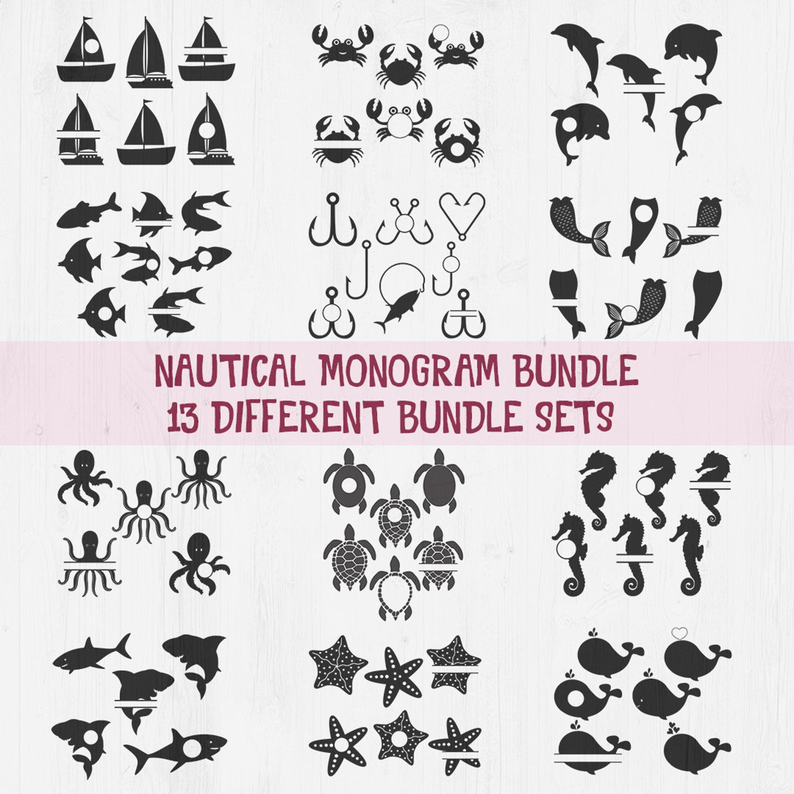 Nautical Monogram SVG Bundle, 13 Packs Contain More Than 82 Cutting ...