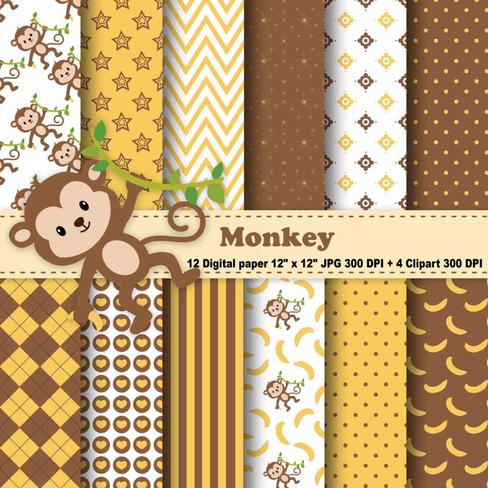 Monkey Digital Paper Monkey Clipart Banana Jungle Animals | Etsy