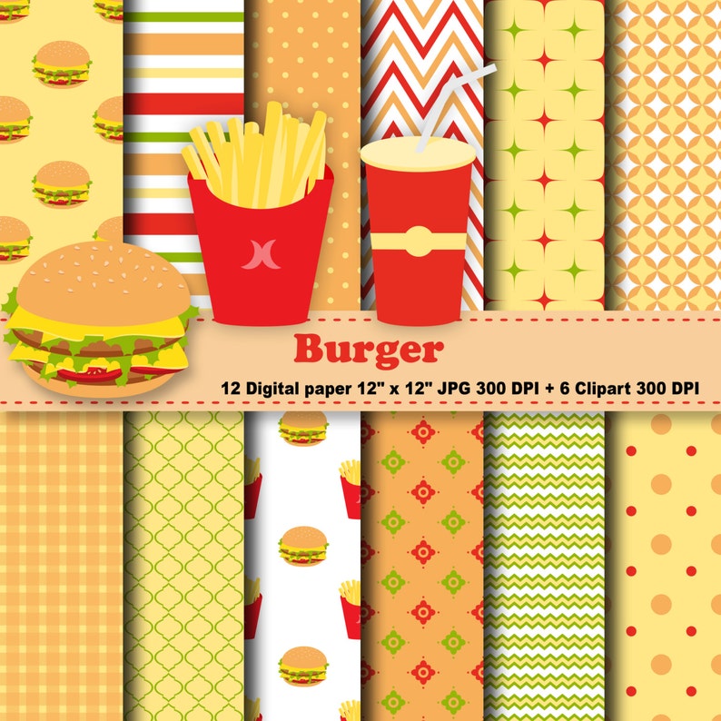 Burger Digital Paper, Burger Clipart, Fast Food, Hamburger, Potato ...