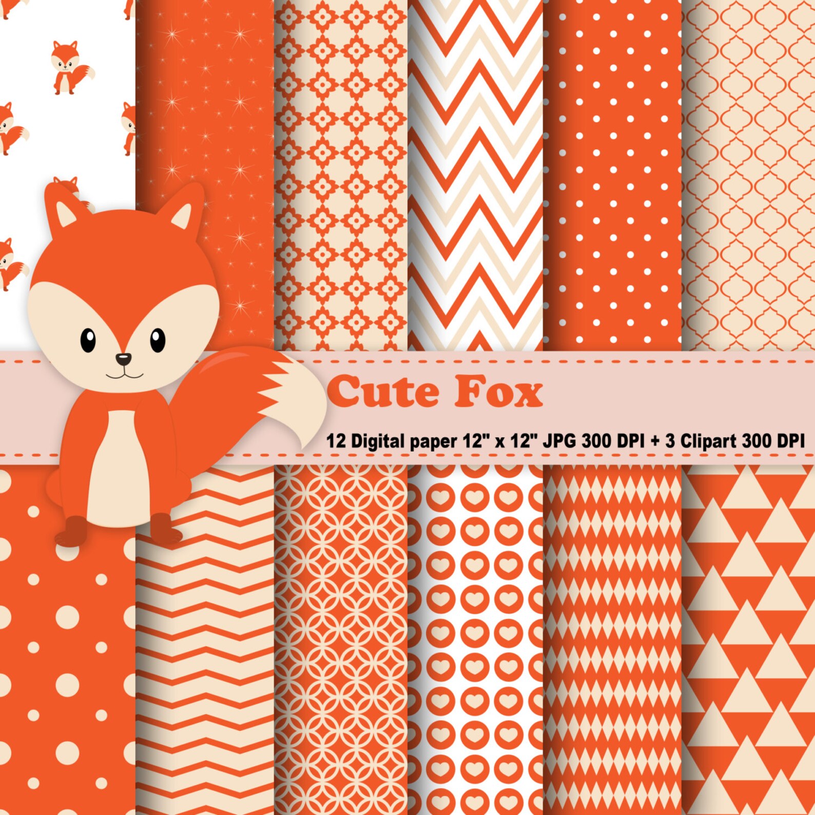 Fox Digital Paper Fox Clipart Hearts Polka Dot Chevron - Etsy