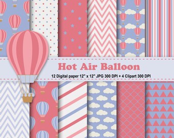 Hot Air Balloon Digital Paper Pink and Blue Hot Air Balloons - Etsy