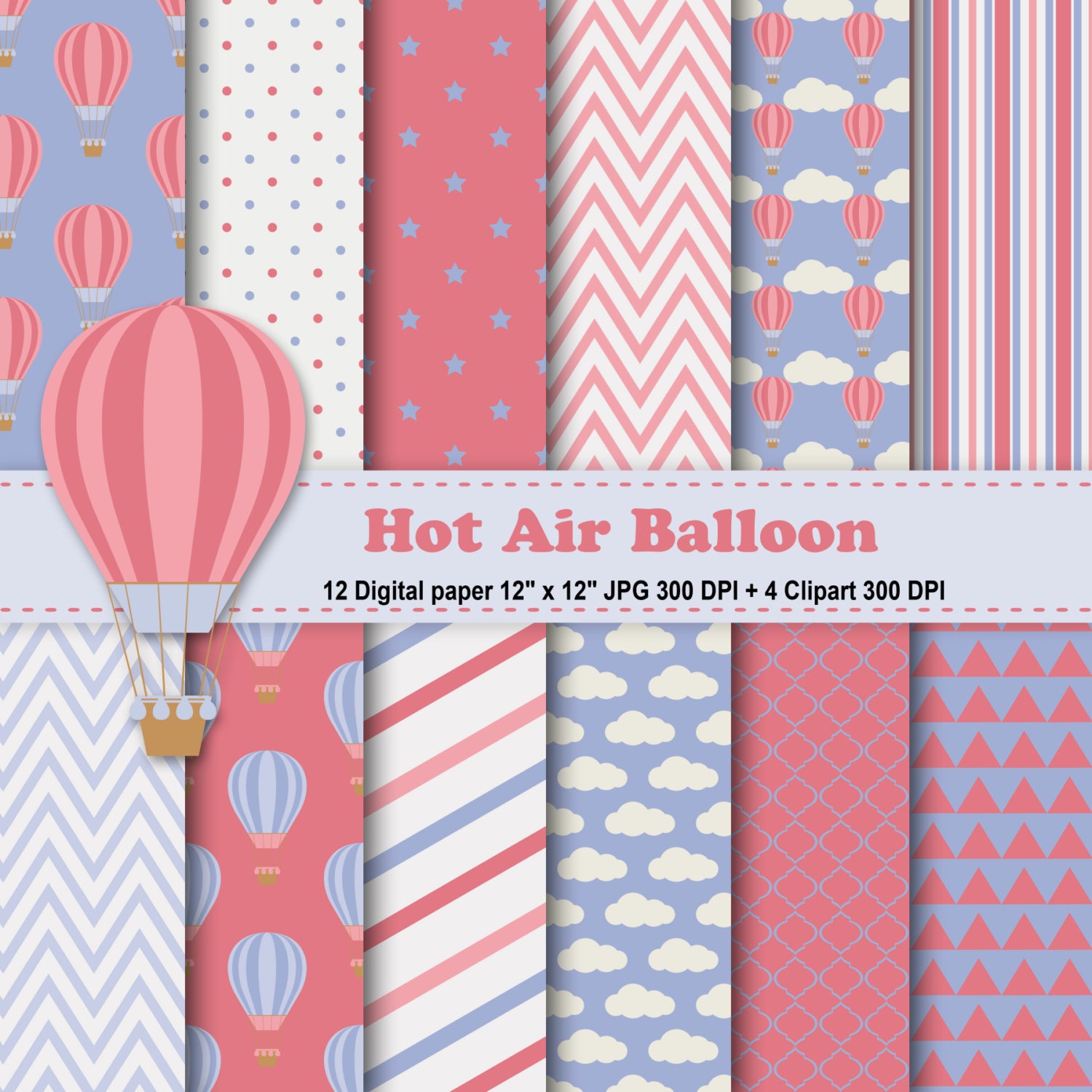 Hot Air Balloons Digital Paper Hot Air Balloons Clipart | Etsy