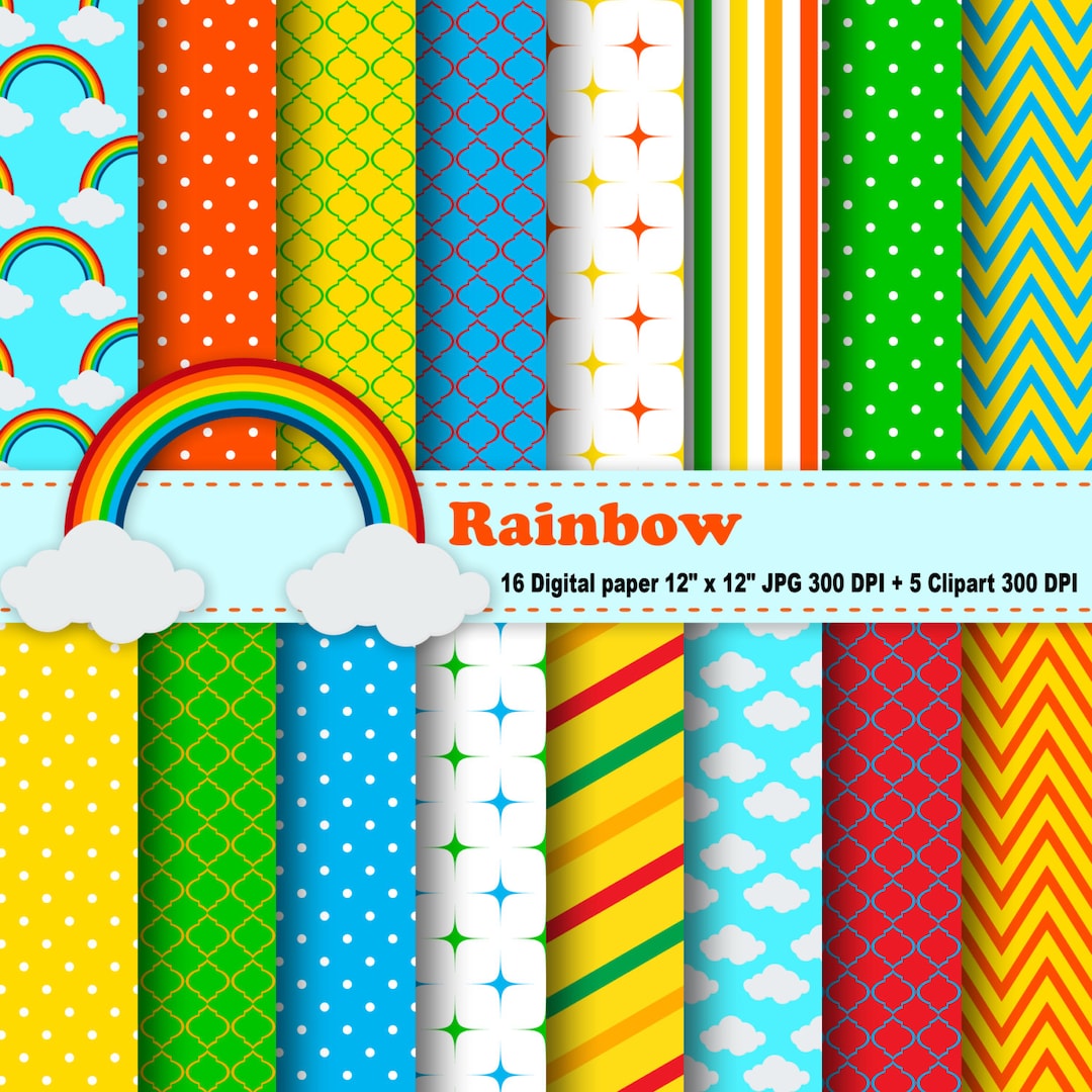 Rainbow Digital Paper, Rainbow Clipart, Clouds, Polka Dot, Chevron ...