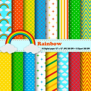 Rainbow Digital Paper, Rainbow Clipart, Clouds, Polka Dot, Chevron ...