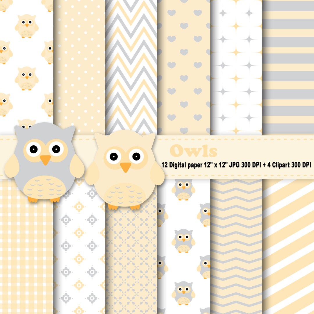 Owls Digital Paper, Owls Clipart, Owl Patterns, Owl Background, Yellow ...