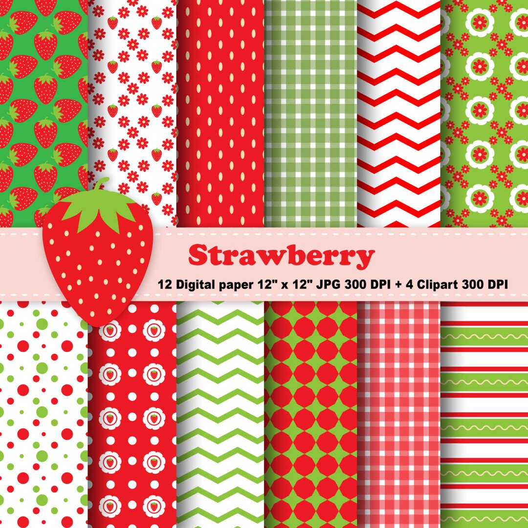 Strawberry Digital Paper, Strawberry Clipart, Flowers, Polka Dots ...